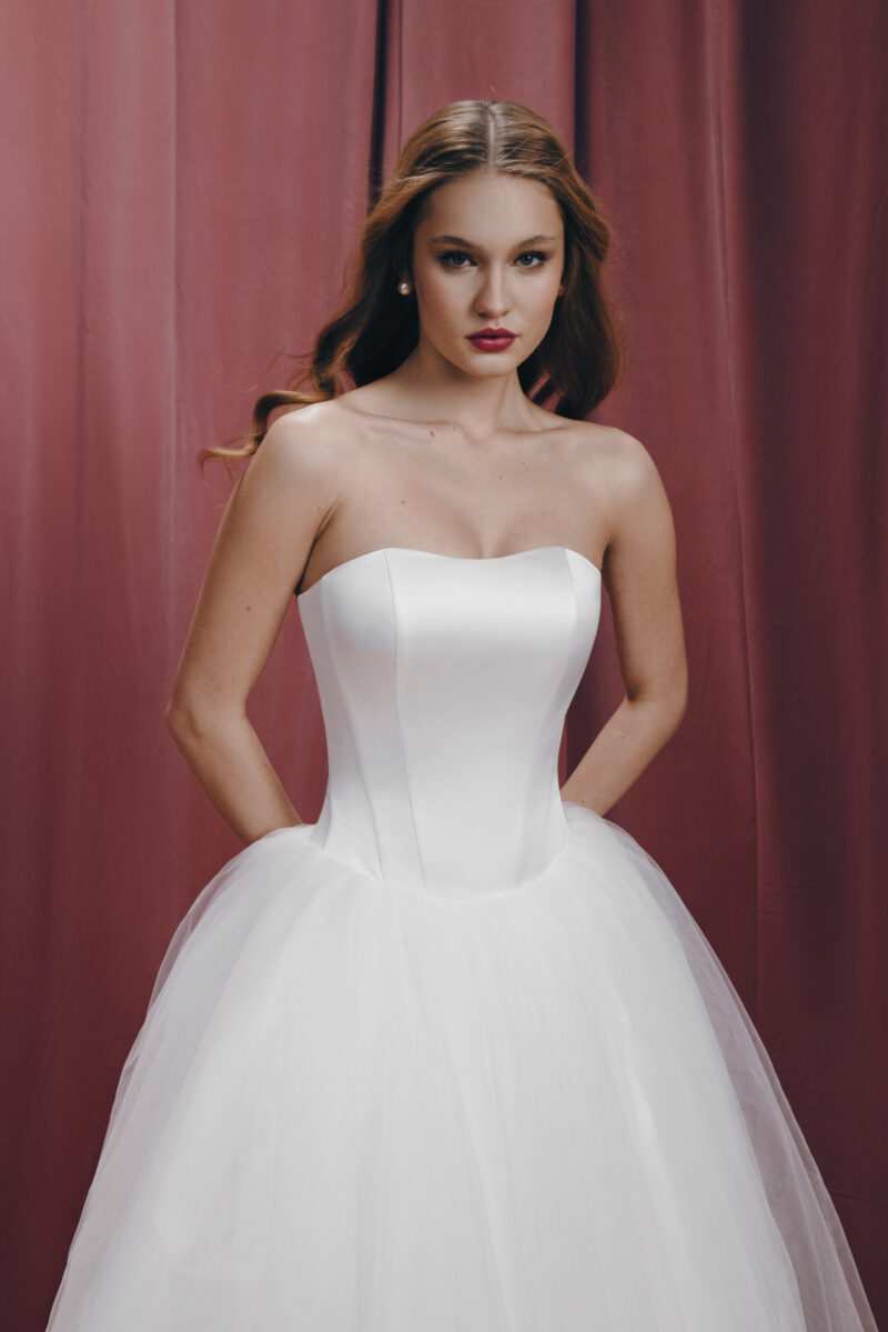 Drop waist satin and tulle wedding dress