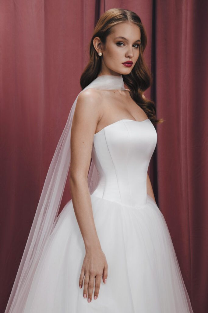 Drop waist satin and tulle wedding dress