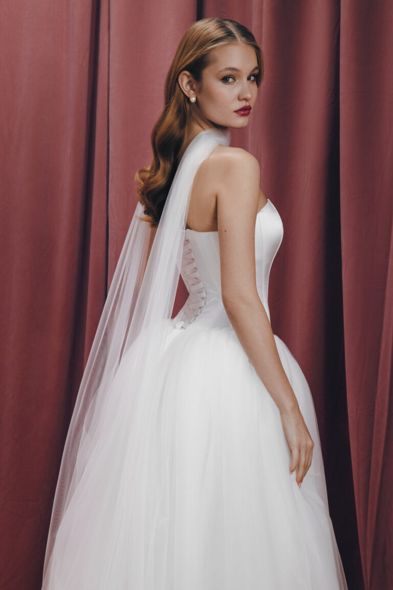 Drop waist satin and tulle wedding dress