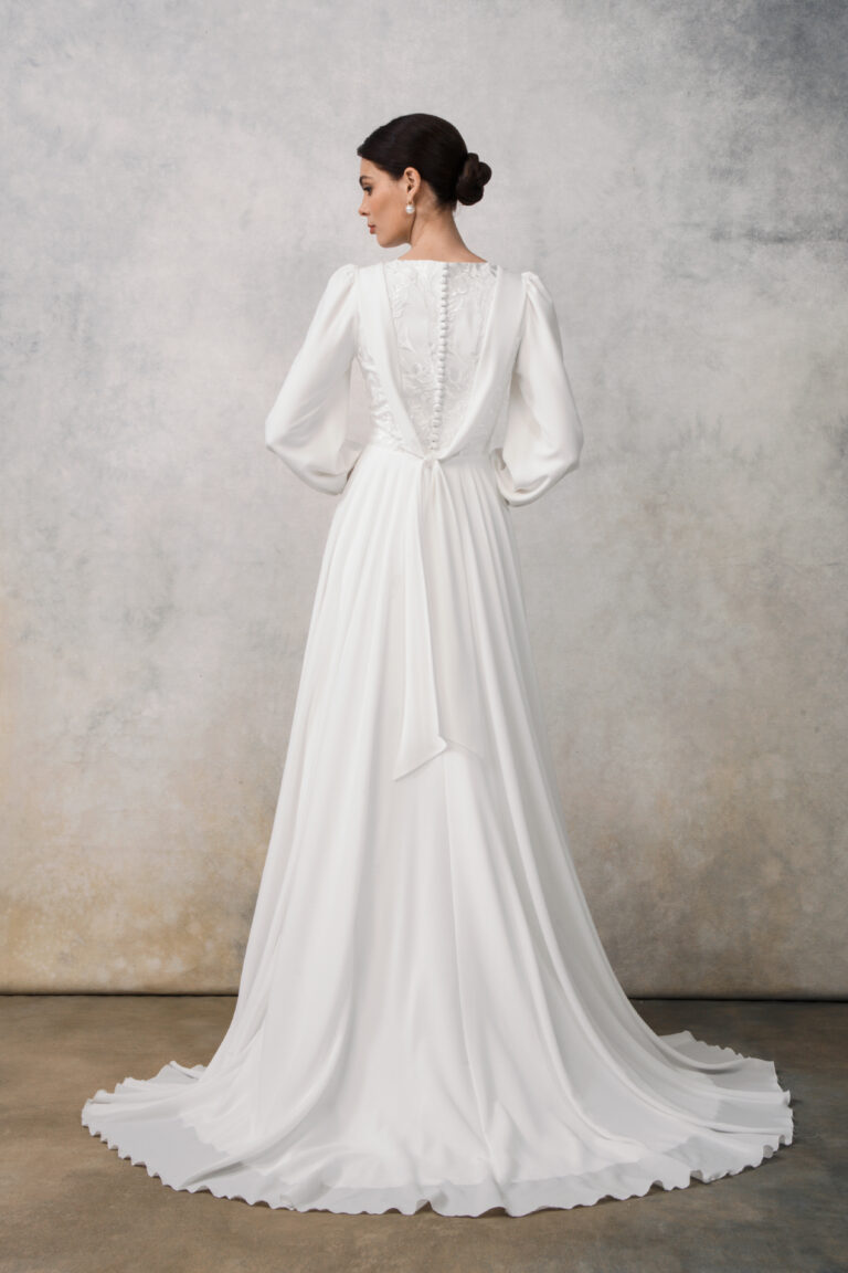 Modest Long Sleeve Wedding Dress with Embroidered Bodice • Piondress